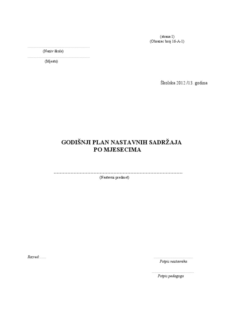 Godisnji-I-Mjesecni-Plan Rada Za Nastavu | PDF