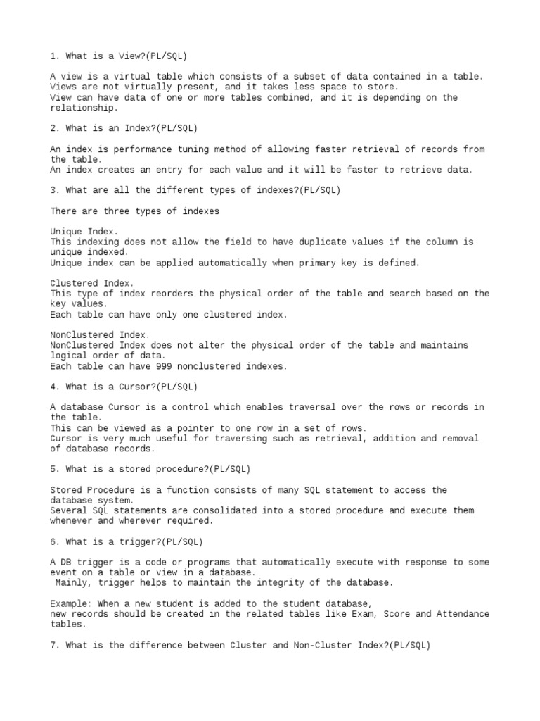 PLSQL Questions | PDF | Database Index | Pl/Sql