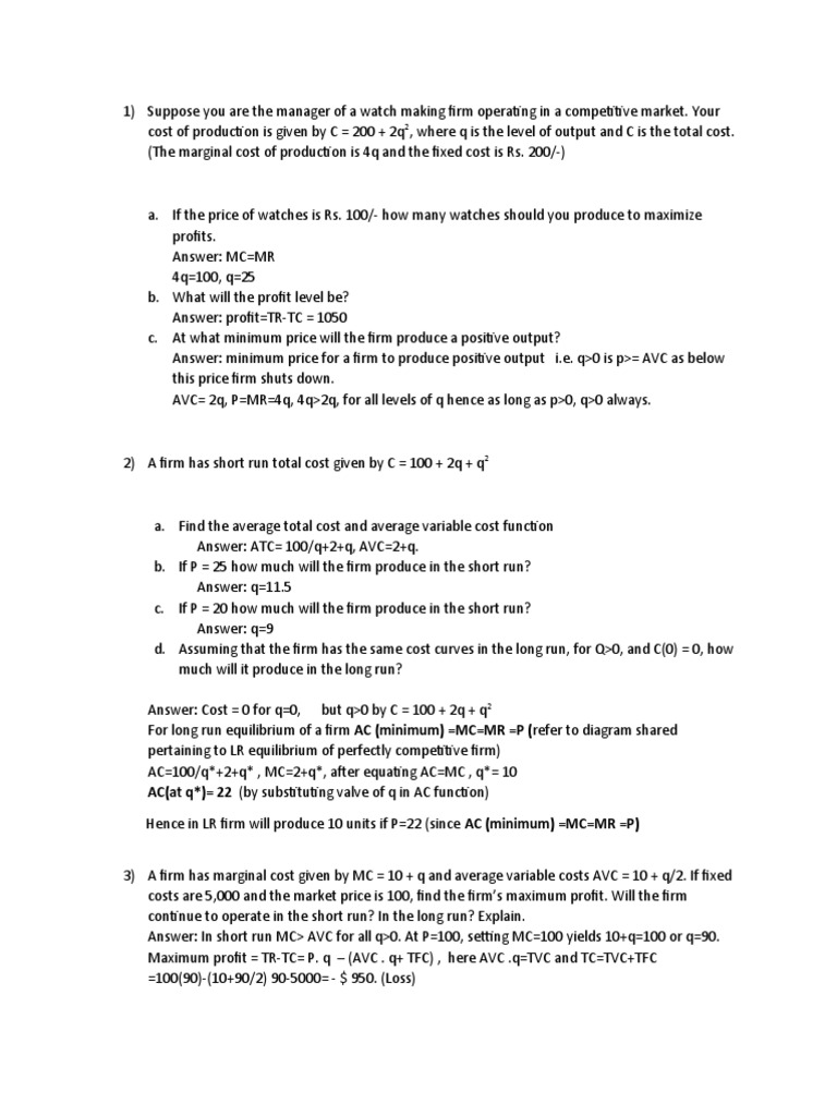 Problem Set - Perfect Competition Answers | PDF | Perfect Competition ...