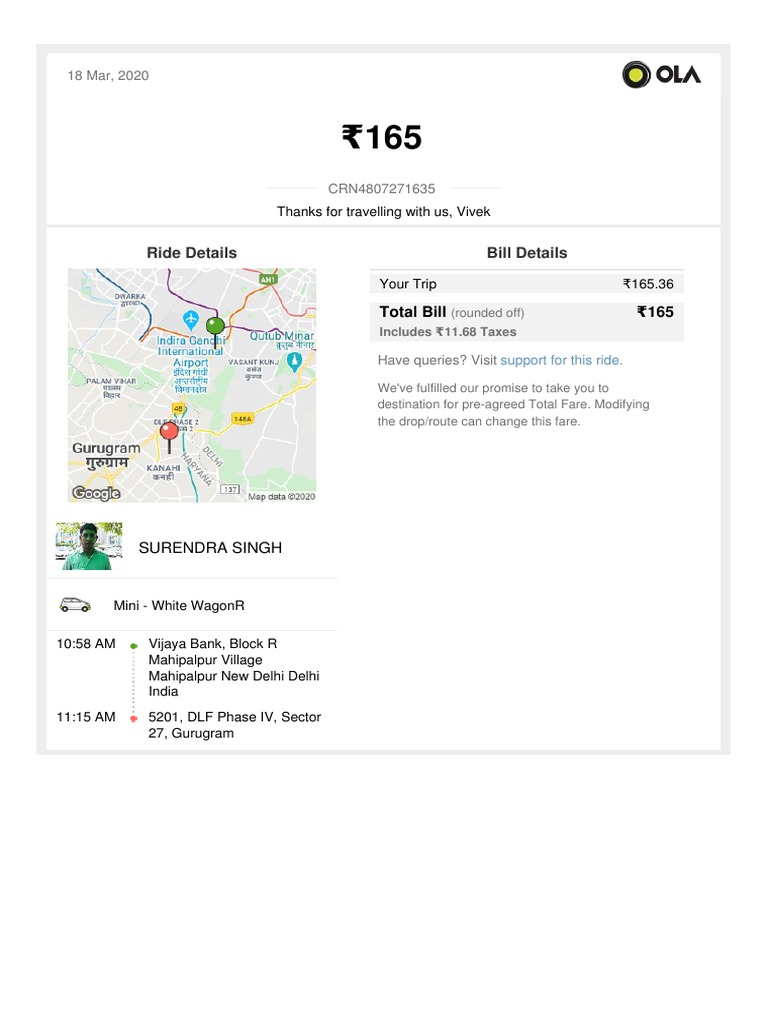 Ride Details Bill Details: Thanks For Travelling With Us, Vivek | PDF ...