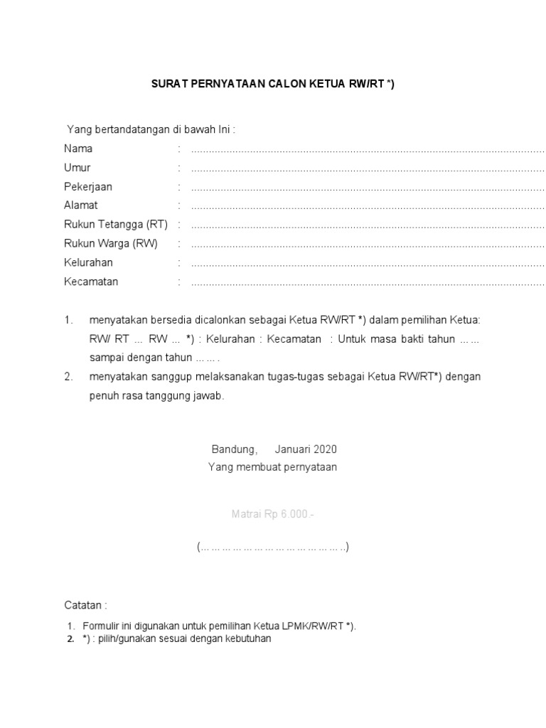 Surat Pernyataan Calon Ketua RW | PDF