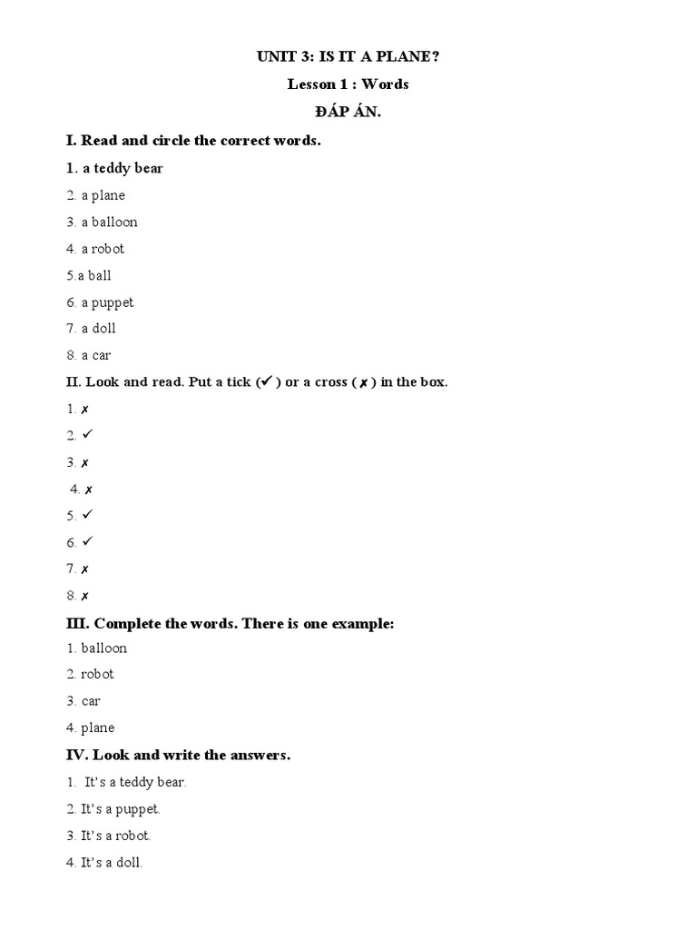 UNIT 3 Lesson 1 - Đáp Án | PDF