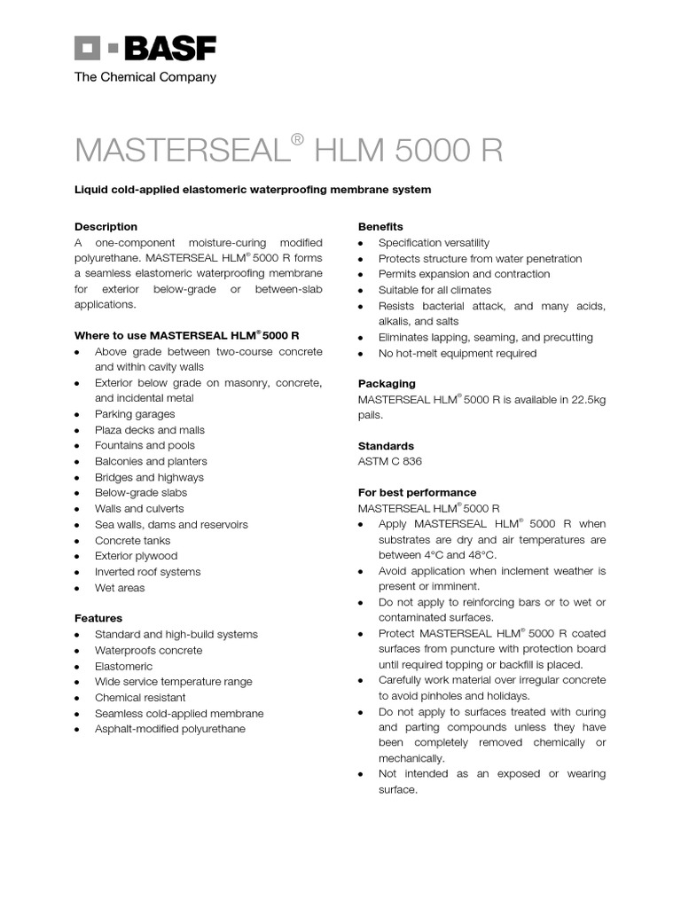 Masterseal HLM 5000 R: Liquid Cold-Applied Elastomeric Waterproofing ...