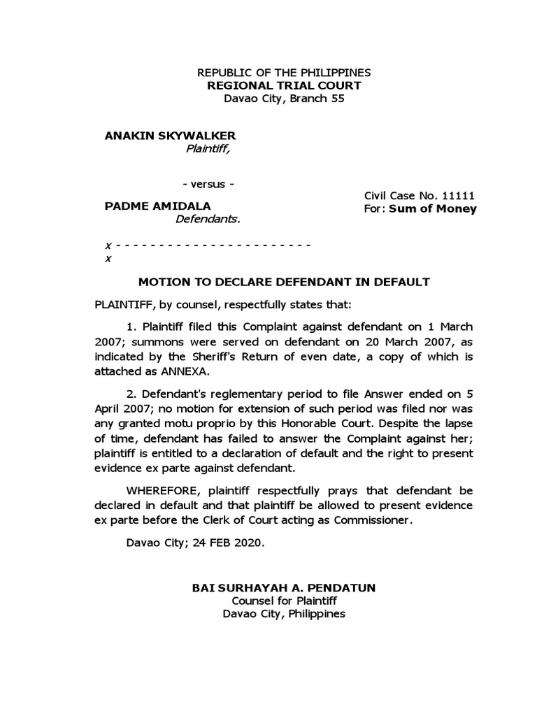 Motion To Declare Defendant in Default | PDF