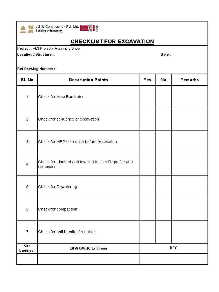 Excavation Checklist for KMI Project | PDF