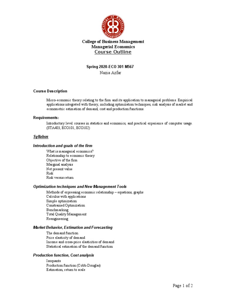Managerial Economics Course Outline | PDF | Demand | Economics