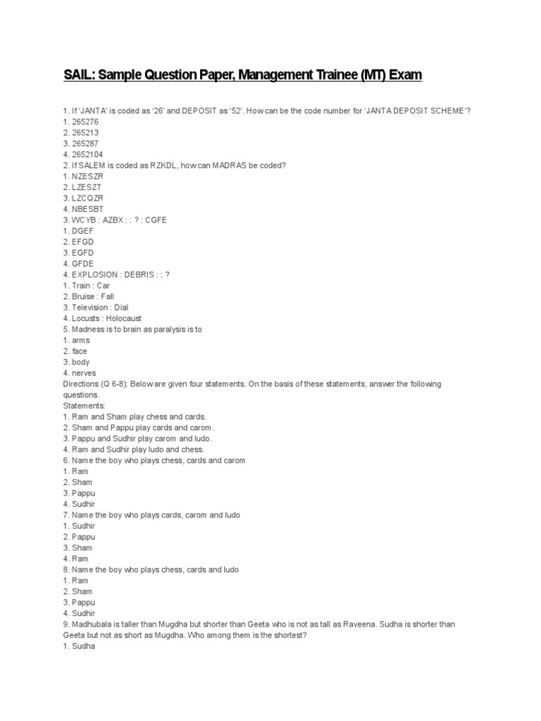 SAIL: Sample Question Paper, Management Trainee (MT) Exam | PDF | Ratio ...