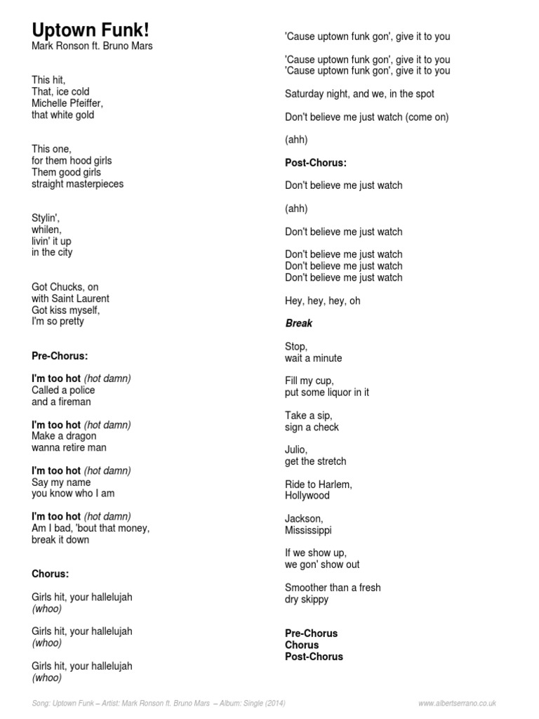 Letras De Funk Uptown Mark Ronson Ft. Bruno Mars Uptown Funk TAB+1