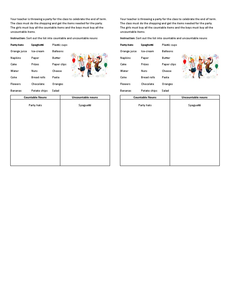 Instruction: Sort Out The List Into Countable and Uncountable Nouns ...