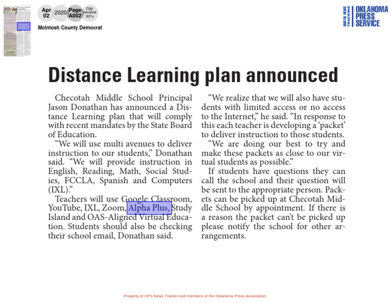 Checotah Middle School Distance Learning Plan | PDF