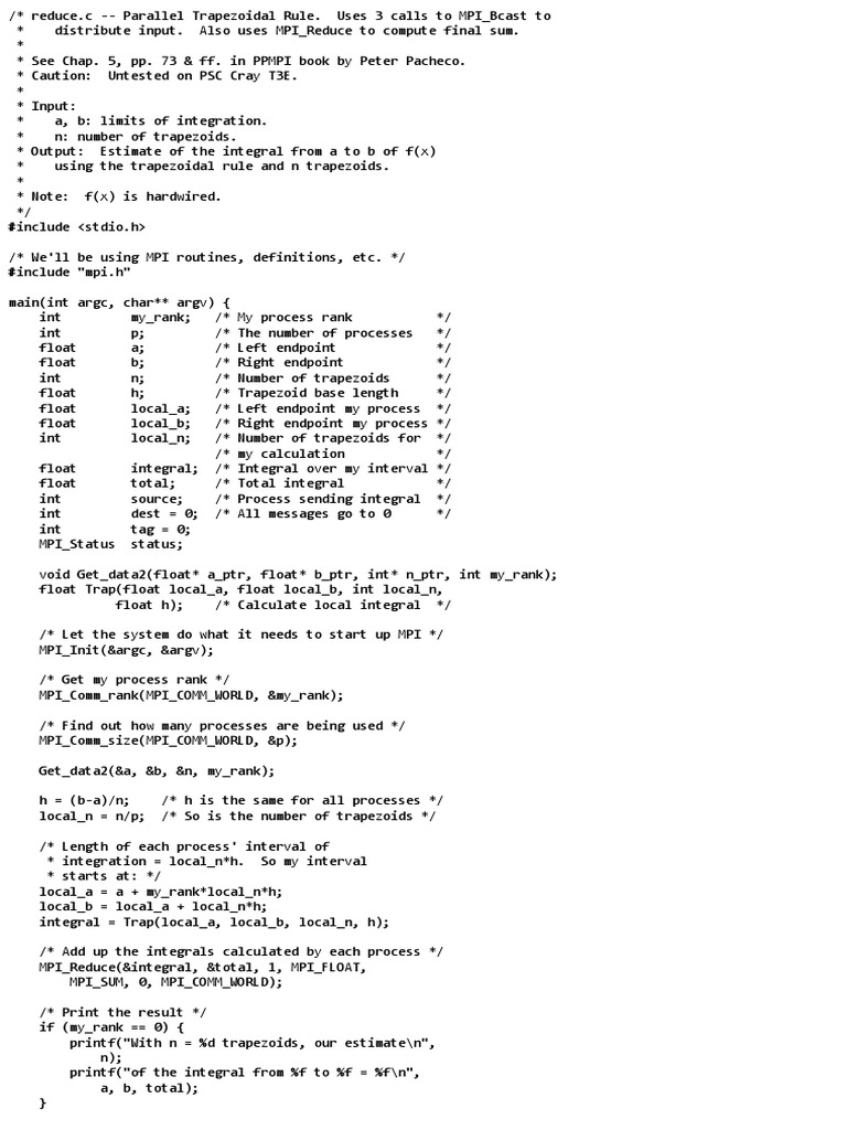 Parallel Computation of a Definite Integral Using the Trapezoidal Rule with MPI Broadcast and ...