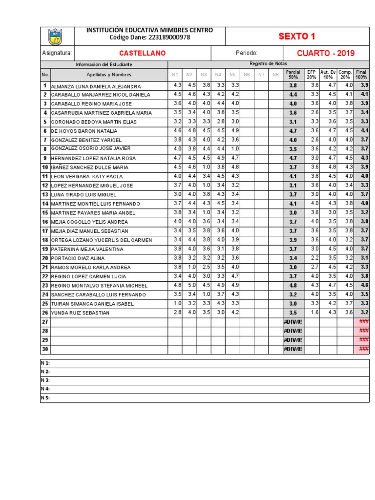 Formato Notas 6º1 | PDF
