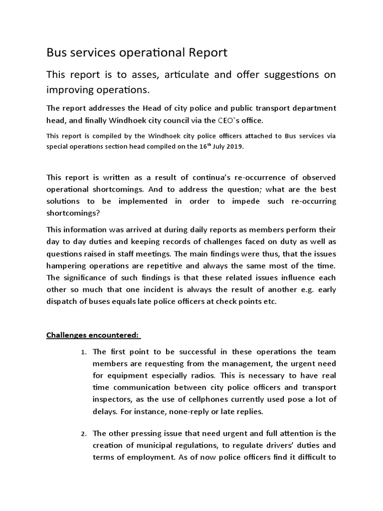 Bus Services Operational Report | PDF | Bus | Police