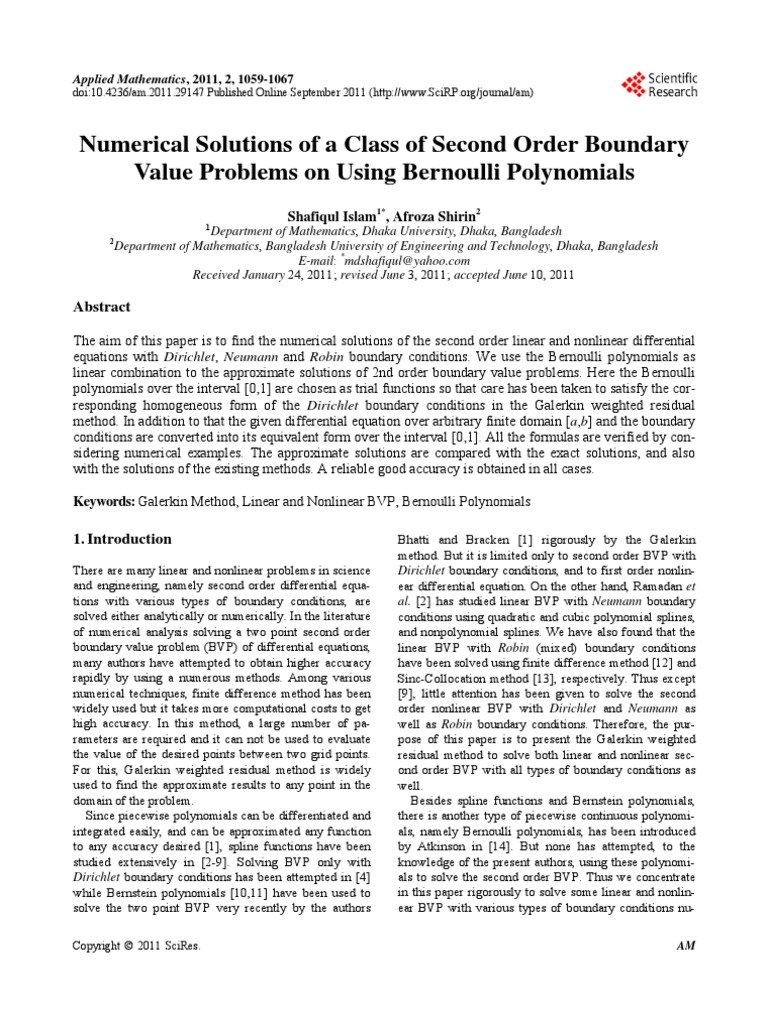 Numerical Solutions of A Class of Second Order Boundary Value Problems On Using Bernoulli ...