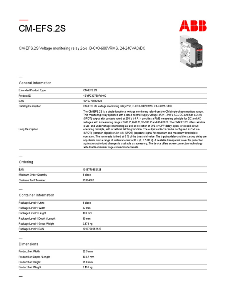 CM-EFS.2S: CM-EFS.2S Voltage Monitoring Relay 2c/o, B-C 3-600VRMS, 24-240VAC/DC | PDF | Fuse ...
