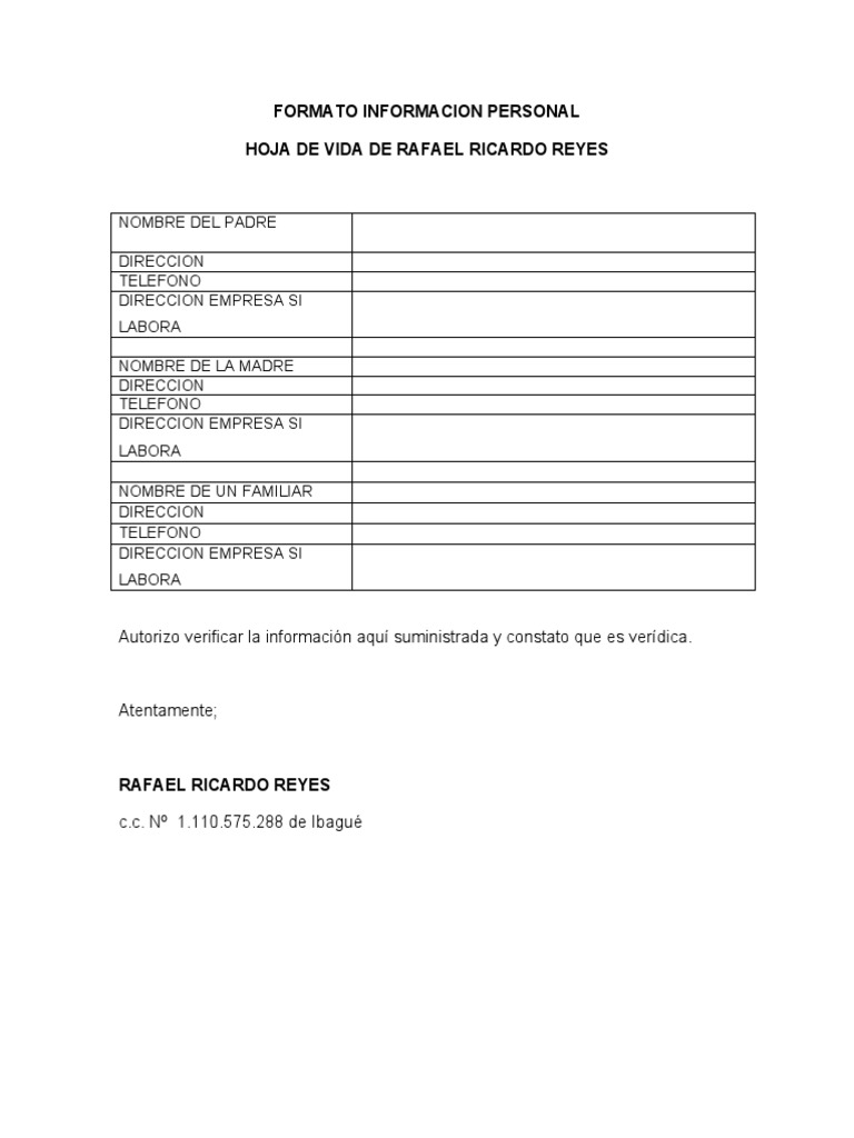 Formato Informacion Personal | PDF | Cocina, comidas y vino | Religión ...