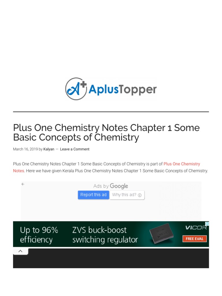 Plus One Chemistry Notes Chapter 1 Some Basic Concepts of Chemistry - A ...