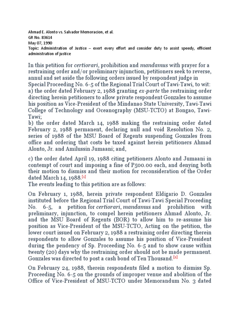 Alonto vs. Memoracion | PDF | Injunction | Mandamus