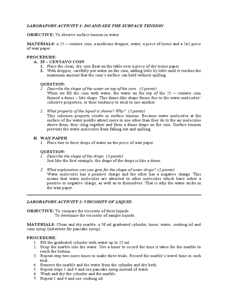 Laboratory Activity 1: Do and See The Surface Tension: 1. Describe The ...
