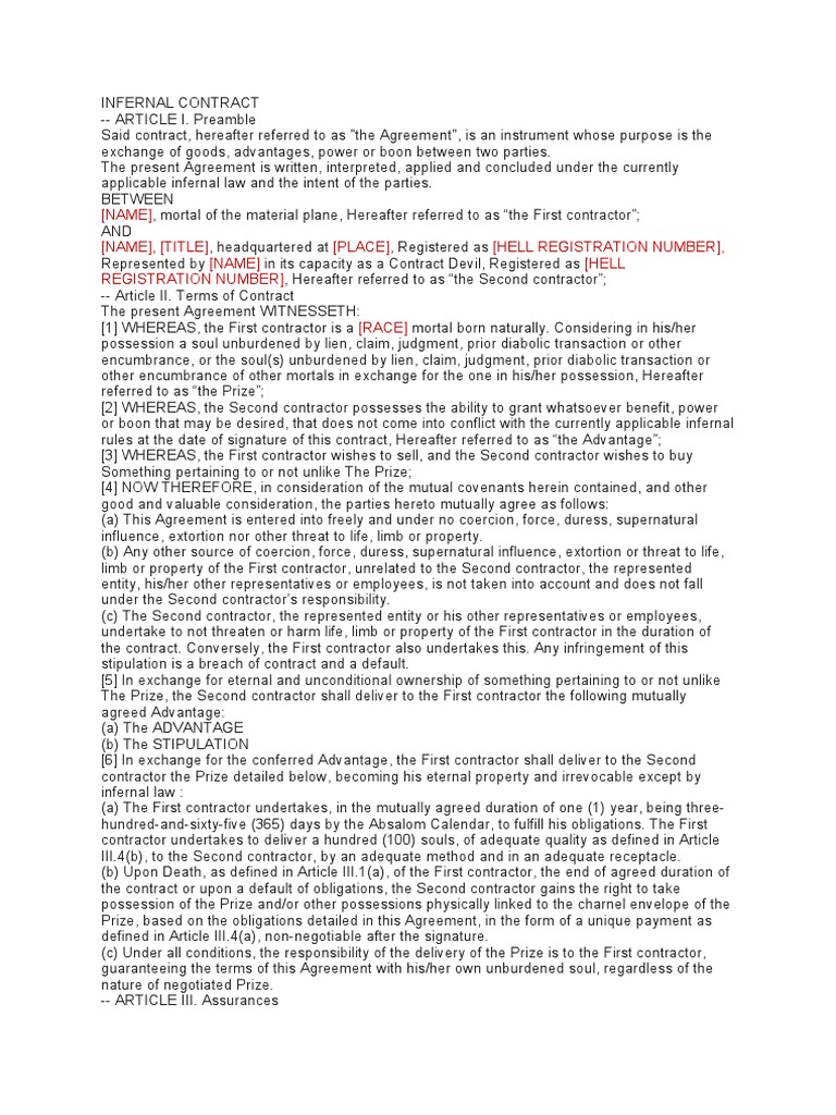 INFERNAL CONTRACT Template | PDF | Hell | Coercion