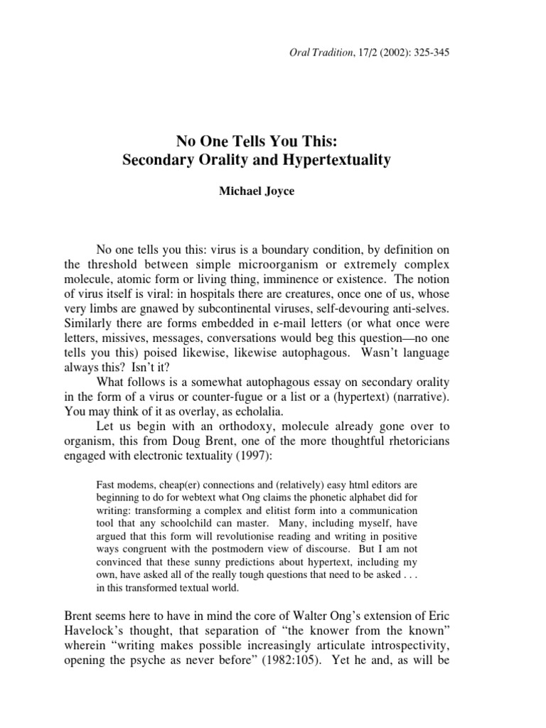 No One Tells You This: Secondary Orality and Hypertextuality | PDF ...