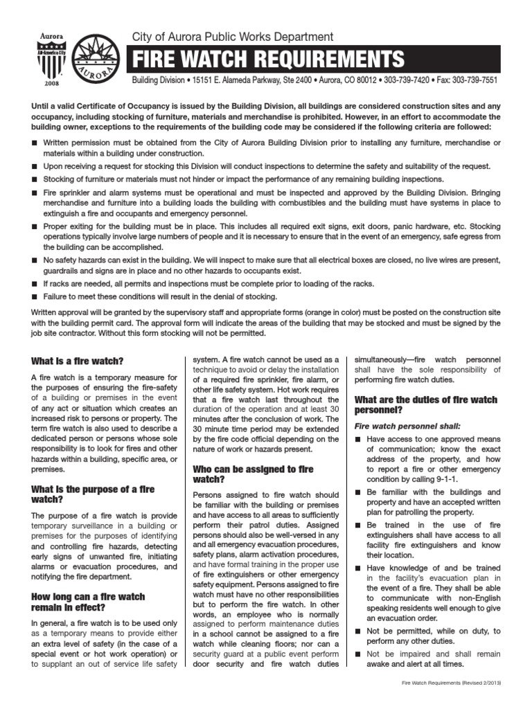 Fire Watch Requirements: City of Aurora Public Works Department | PDF ...
