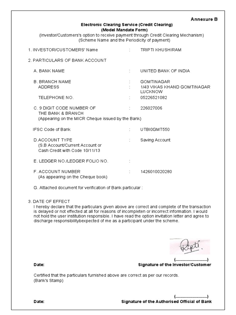 Electronic Clearing Service (Credit Clearing) (Model Mandate Form) | PDF