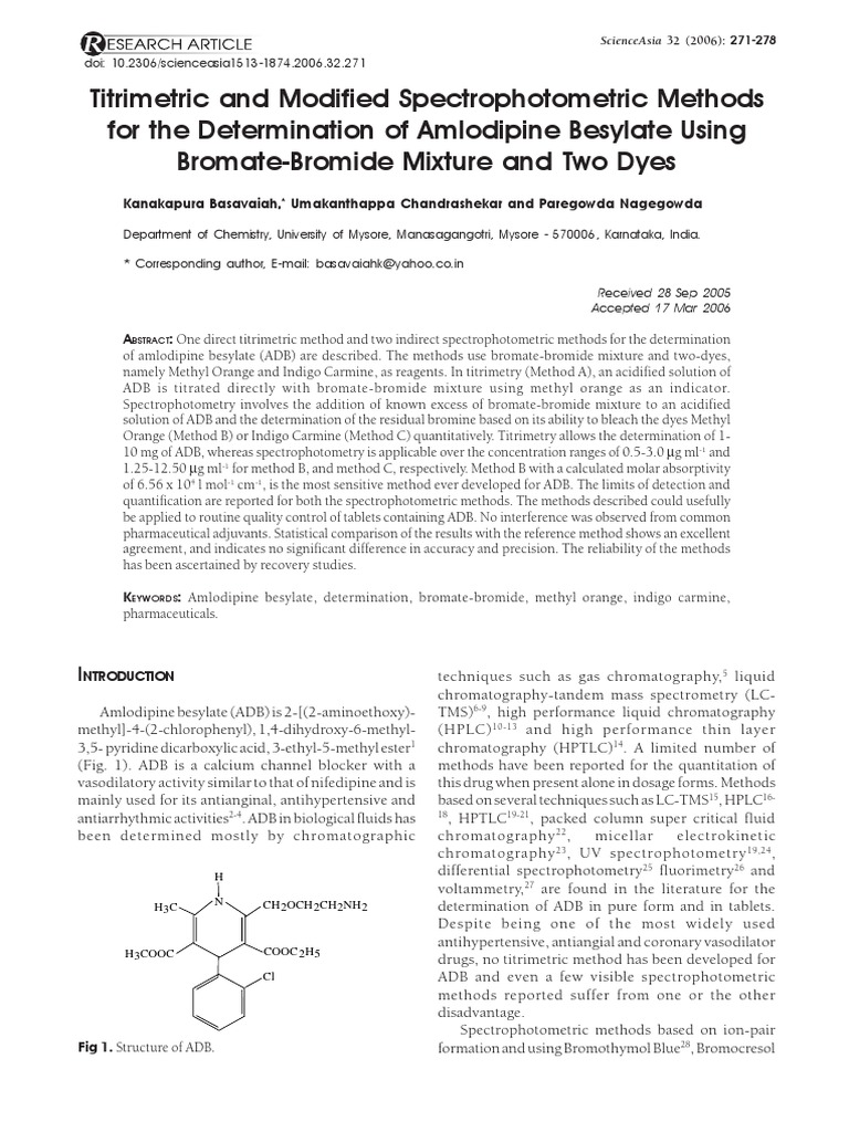 Titrimetric and Modified Spectrophotometric Methods For Determination of Amlodipine Using BR 3 ...