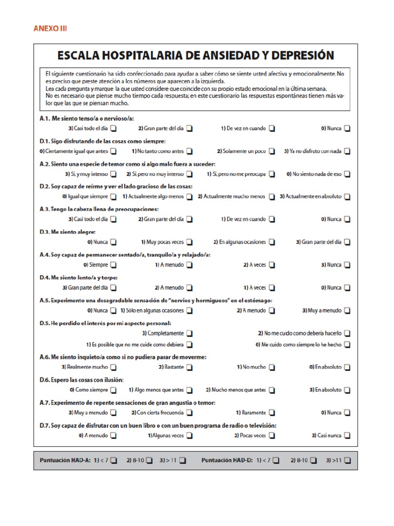 Escala Hospitalaria de Ansiedad y Depresión | PDF