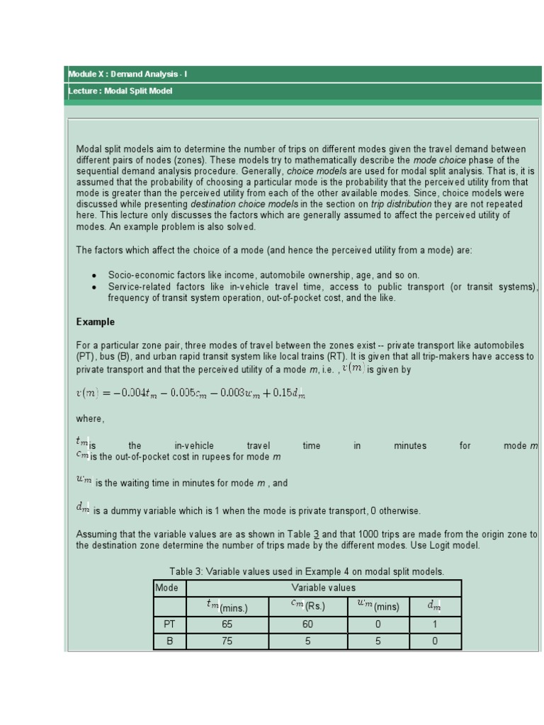 Module X: Demand Analysis - I Lecture: Modal Split Model: Example ...