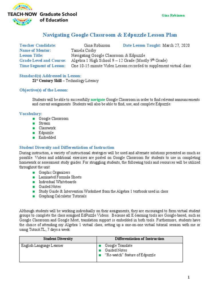 Navigating Google Classroom Edpuzzle Intasc 1-3 Lesson Plan - Gina ...