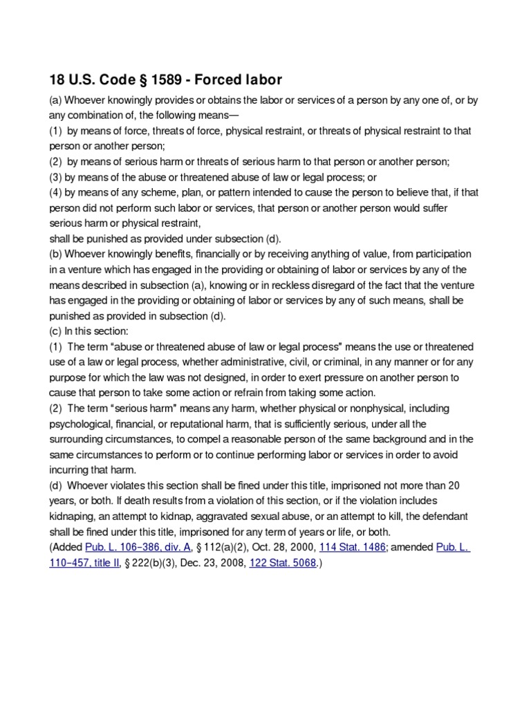 18 U.S. Code 1589 - Forced Labor: Pub. L. 106-386, Div. A 114 Stat ...