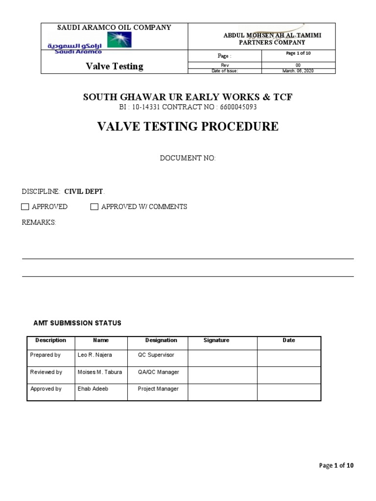 Valve Testing Procedure: Valve Testing South Ghawar Ur Early Works ...