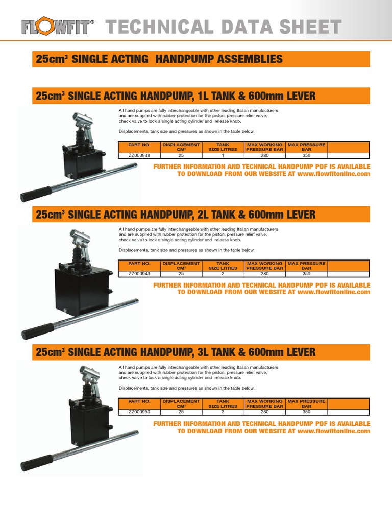 Technical Data Sheet: 25cm Single Acting Handpump Assemblies | PDF ...