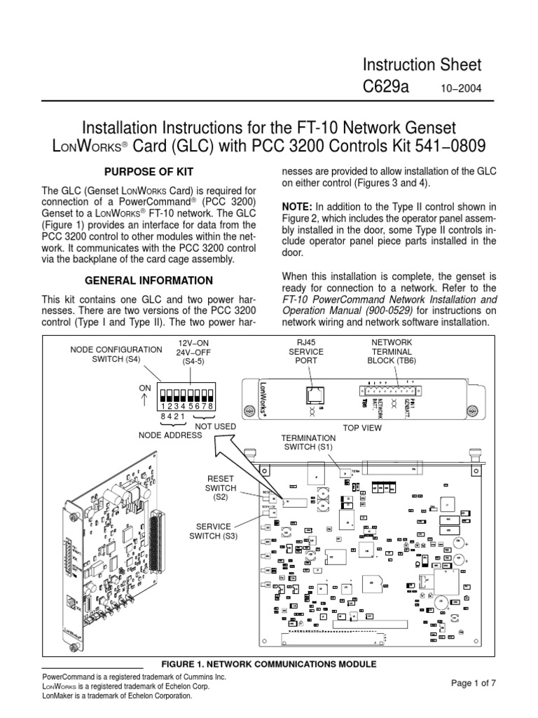 Installation Instructions For The FT-10 Network Genset LonWorks Card ...