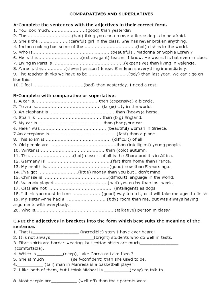 Comparative and Superlative Form of Adjectives Exercises | PDF ...