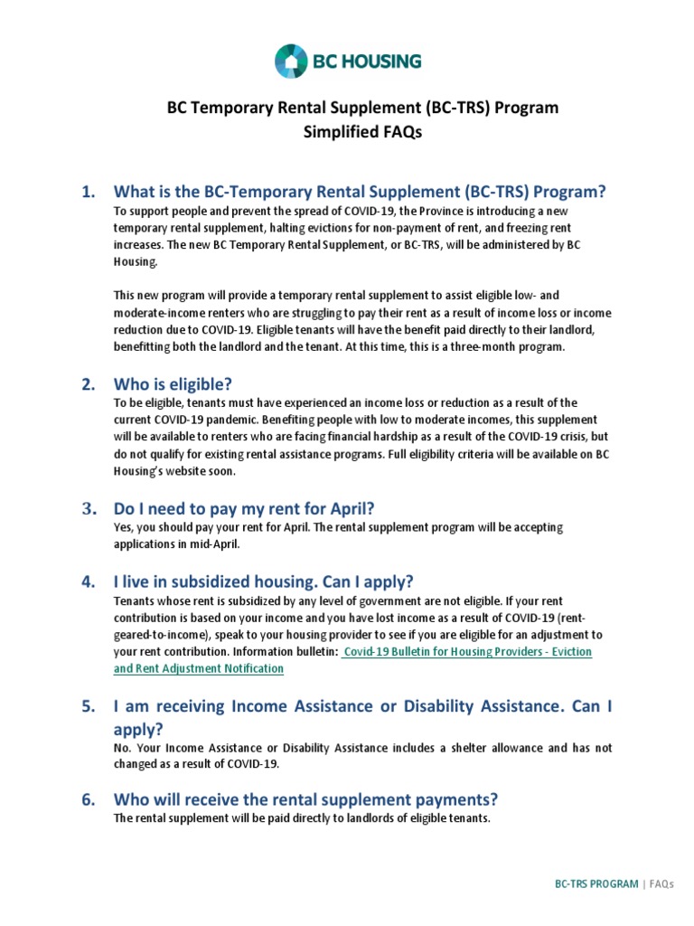BC Temporary Rental Supplement (BC-TRS) Program Simplified Faqs | PDF ...