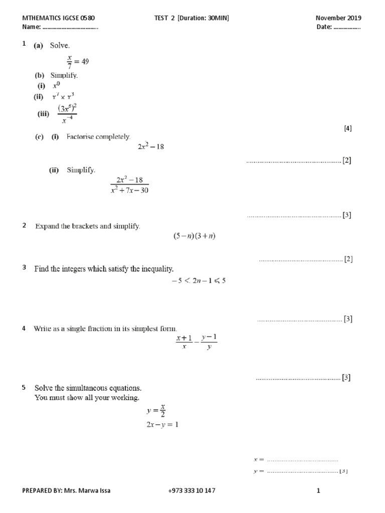 Mthematics Igcse 0580 TEST 2 (Duration: 30MIN) November 2019 Name ...