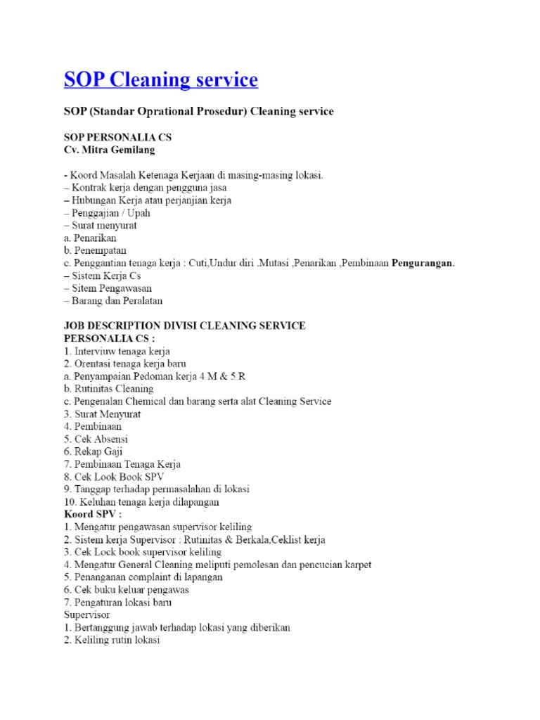 JOB DESCRIPTION DIVISI CLEANING SERVICE PERSONALIA CS - PDF Download ...