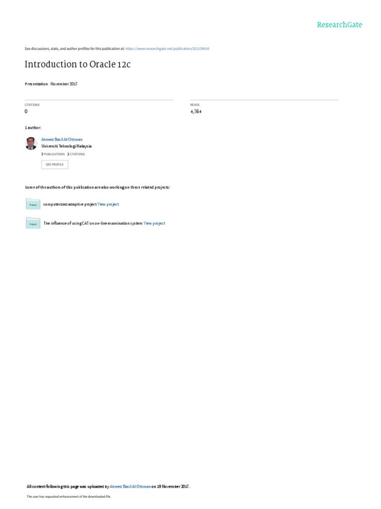 Introduction To Oracle 12c PDF | PDF | Relational Database | Databases