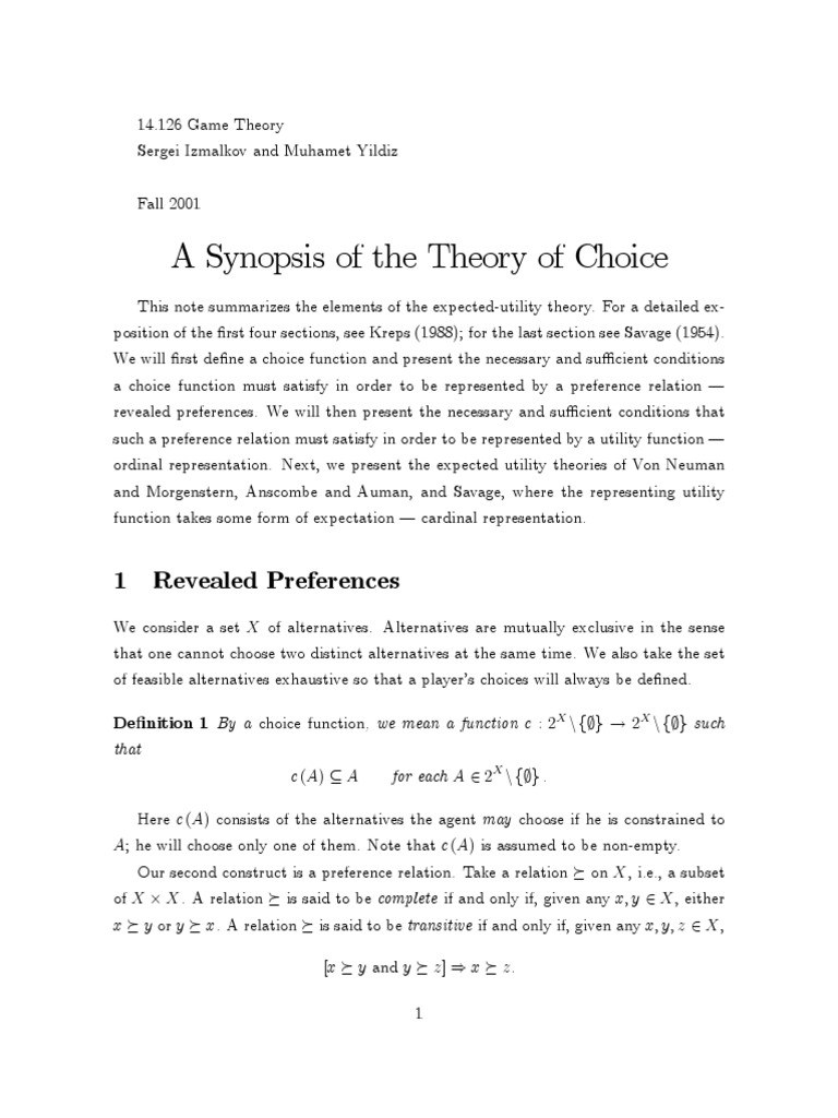 A Synopsis of The Theory of Choice: 1 Revealed Preferences | PDF ...