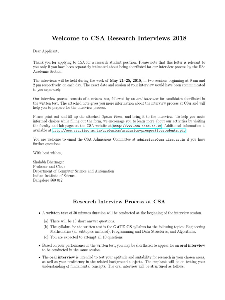 Iisc Csa Call Letter | PDF | Discrete Mathematics | Teaching Mathematics