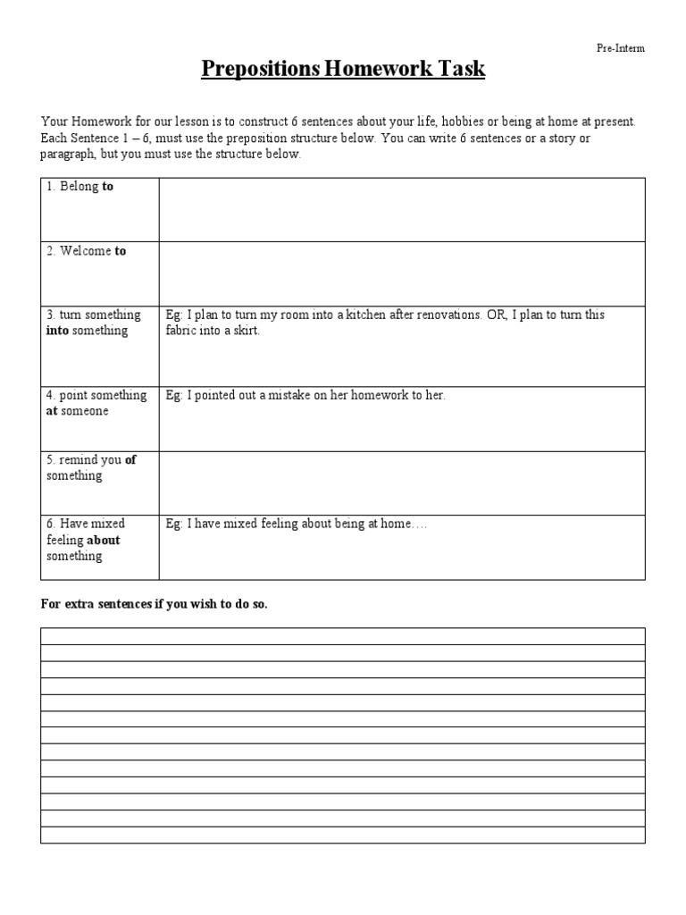 Prepositions Homework Task - Pre-Interm | PDF