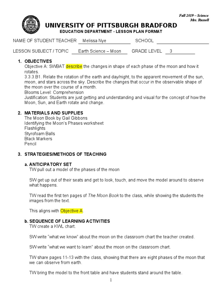 Moon Phases Earth Science Lesson Plan | PDF | Lesson Plan | Moon