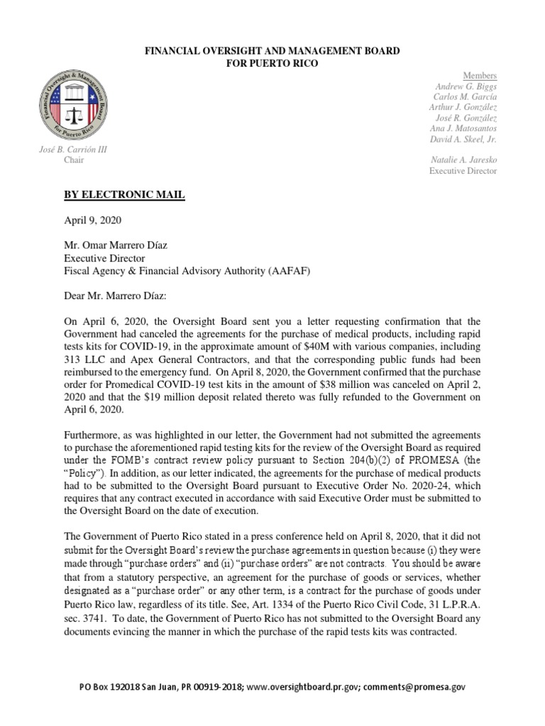 FOMB - Letter - AAFAF - Contract Review $38M - April 9 2020 | PDF ...