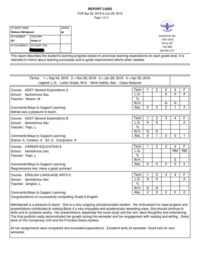 Grade 8 Report Card | Download Free PDF | Teachers | Psychological Concepts