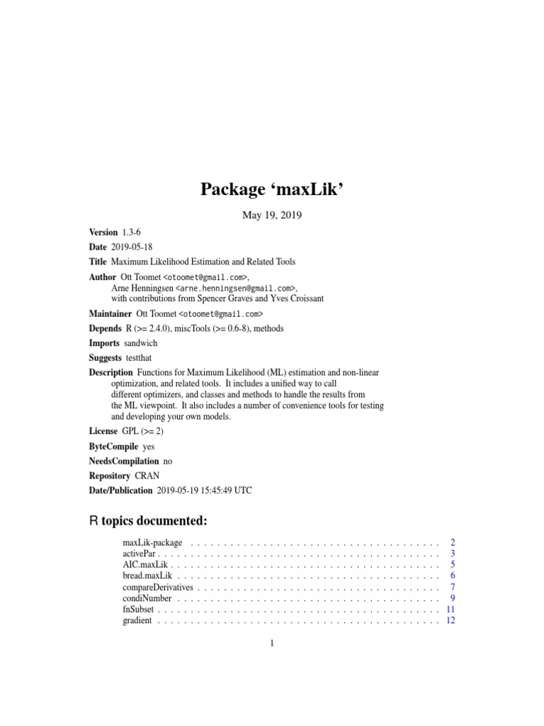 Package Maxlik': R Topics Documented | PDF | Mathematical Optimization | Parameter (Computer ...