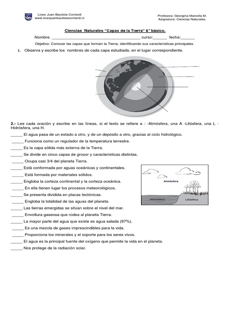 GUÍA N°1 6° BÁSICO CS. NATURALES Capas Tierra N°1 | PDF | Tierra | Agua