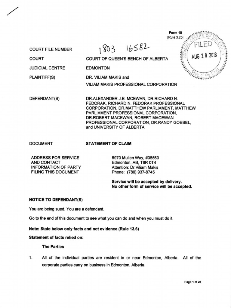 University of Alberta Statement of Claim QB1803-16582 - Illegal ...