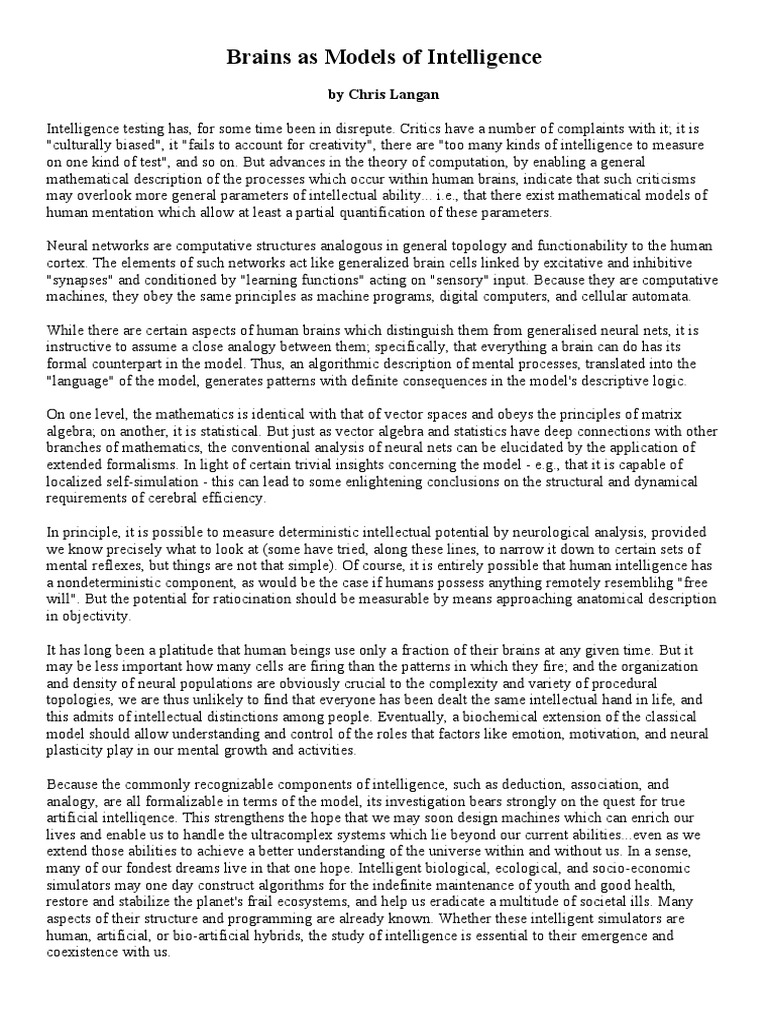 Brains As Models of Intelligence | PDF | Brain | Intelligence